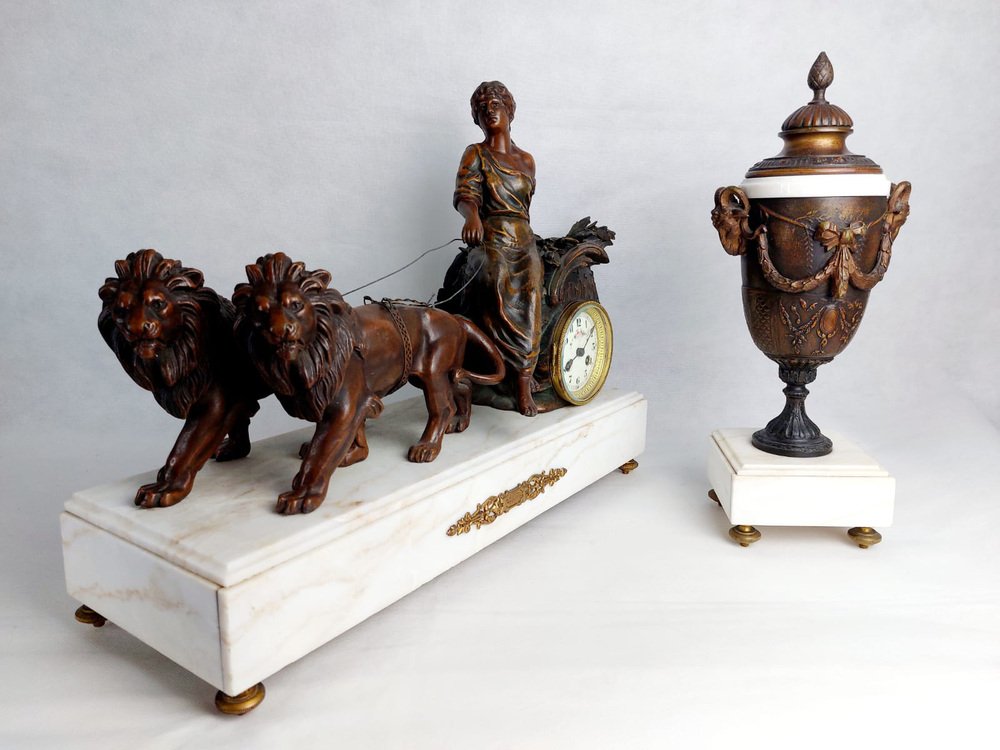 Large Antique Fireplace Clock Set, 1850, Set of 3 for sale at Pamono