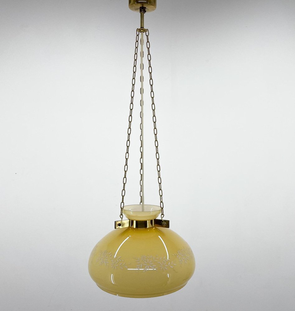 Glass & Brass Pendant Light, 1950s for sale at Pamono