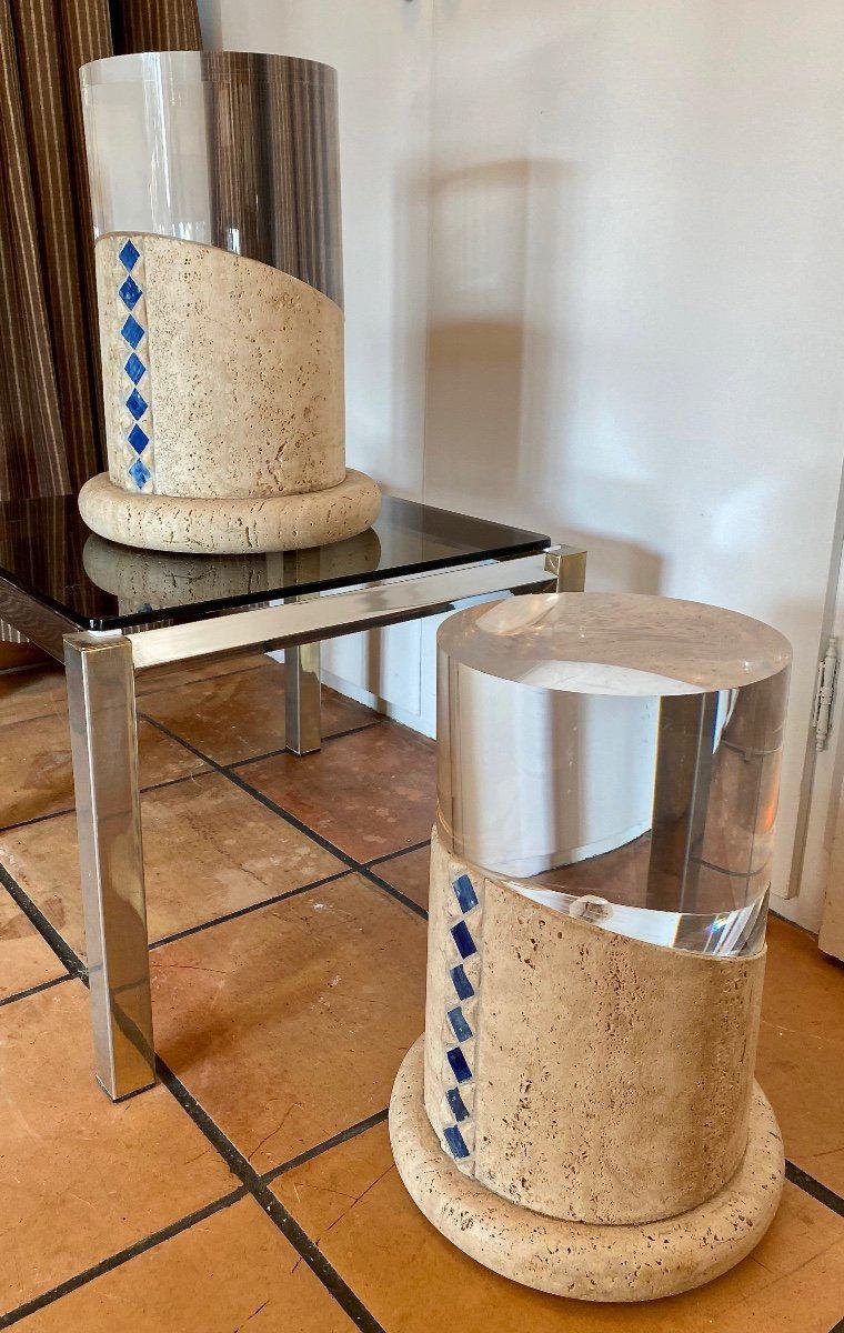 Small Columns or Sofa End Tables in Travertine & Acrylic Glass, Set of ...