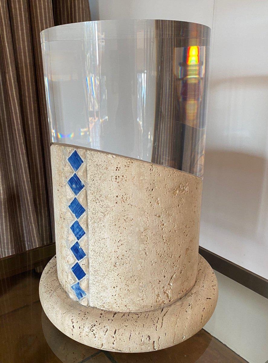 Small Columns or Sofa End Tables in Travertine & Acrylic Glass, Set of ...