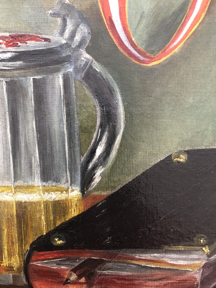 Hermann Haller, Nature morte au béret de marin, chope de bière, longue ...