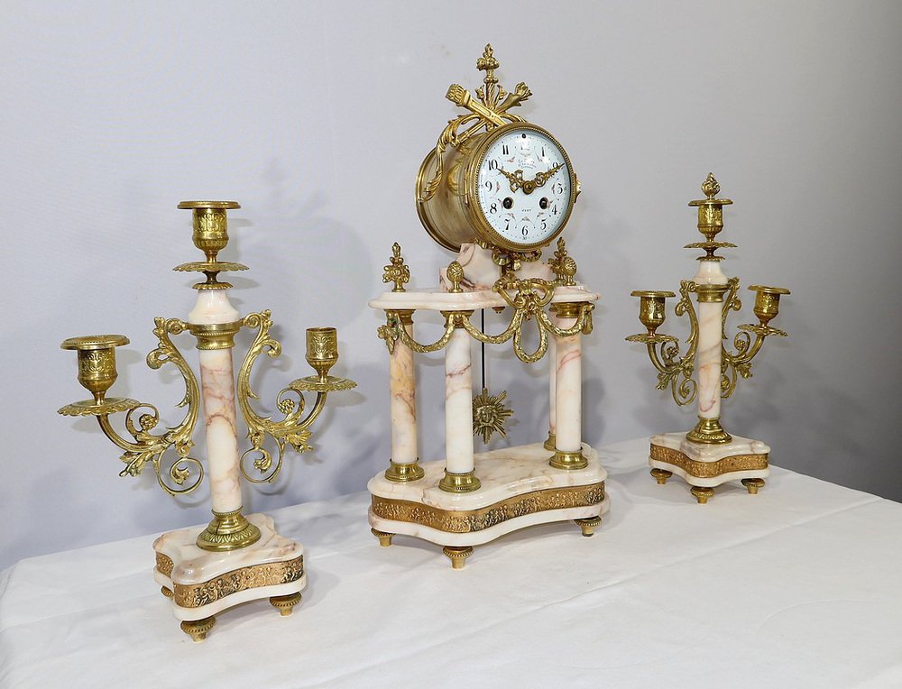 19th Century Louis XVI Style Marble and Bronze Chimney Clocks, Set of 3 ...