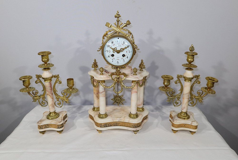 19th Century Louis XVI Style Marble and Bronze Chimney Clocks, Set of 3 ...