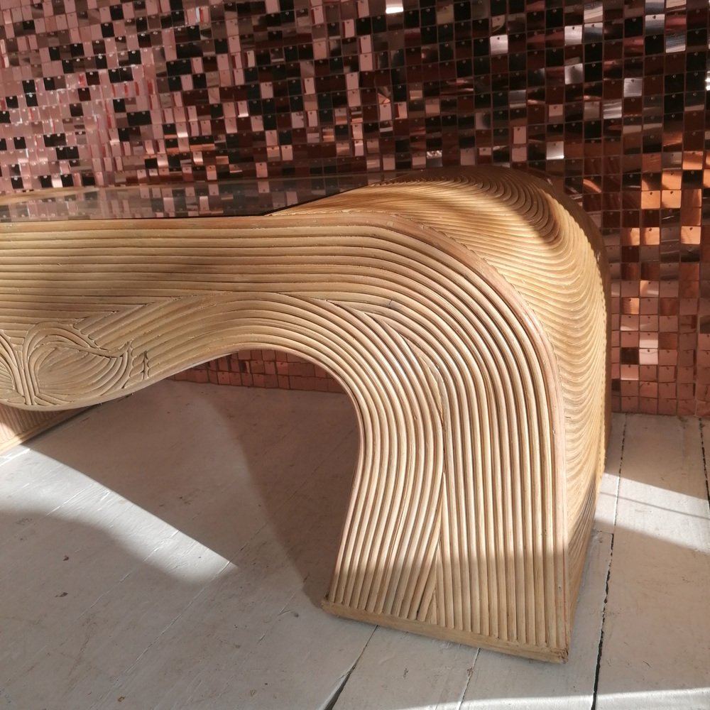 Vintage Large Waterfall Pencil Reed Cane Coffee Table with Inset Glass ...