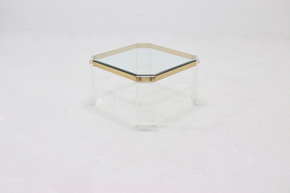 French Acrylic, Gold Plating & Glass Coffee Table, 1970s for sale at Pamono