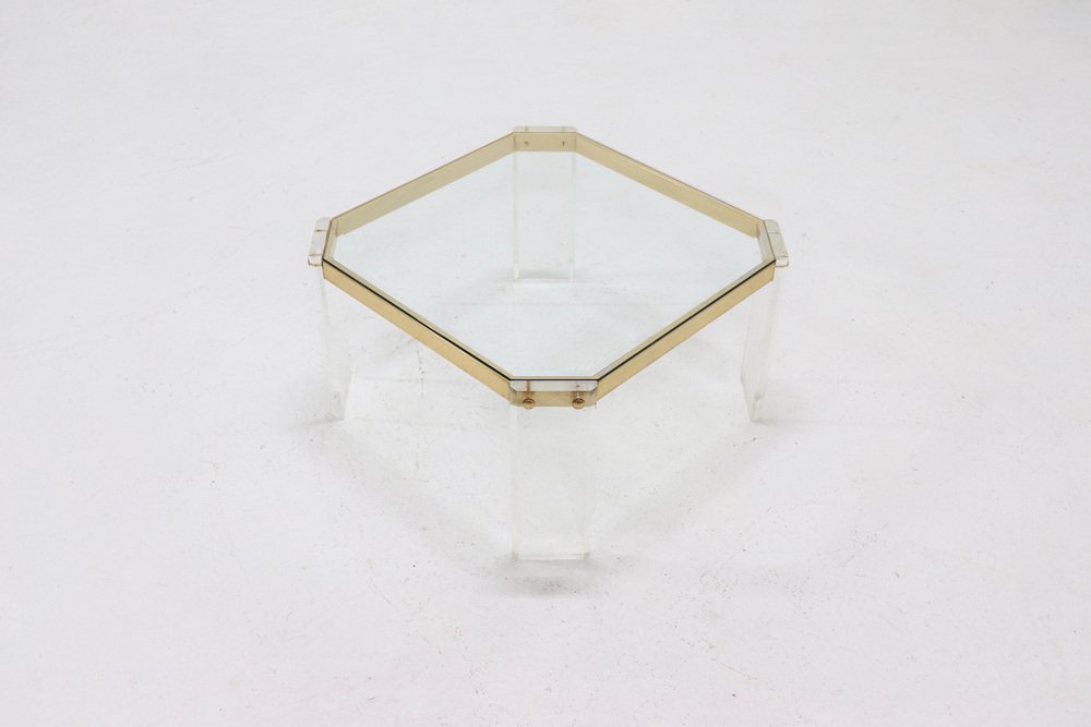 French Acrylic, Gold Plating & Glass Coffee Table, 1970s for sale at Pamono