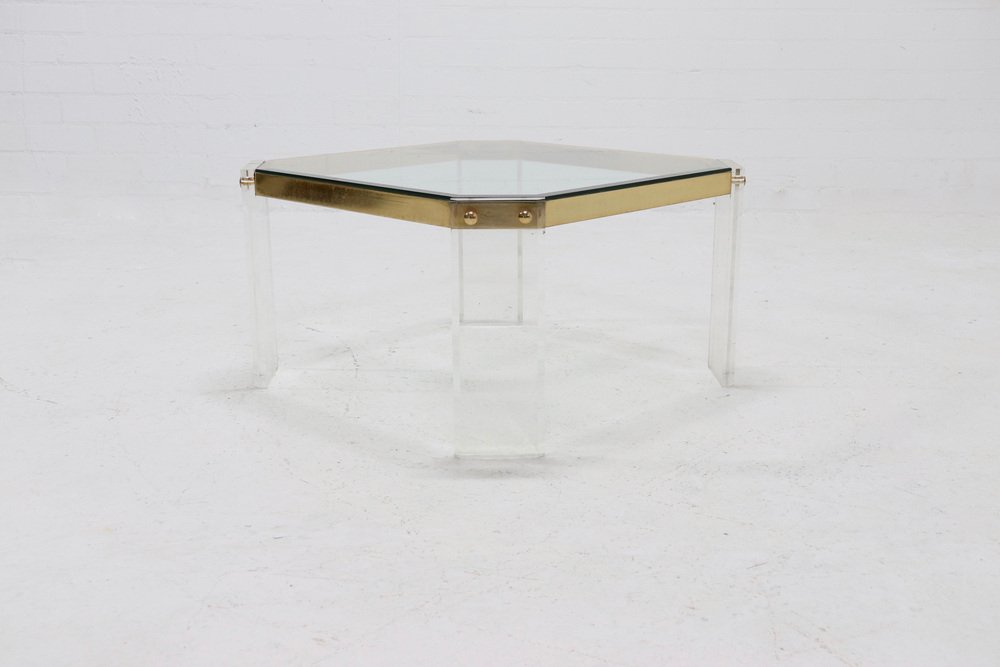 French Acrylic, Gold Plating & Glass Coffee Table, 1970s for sale at Pamono