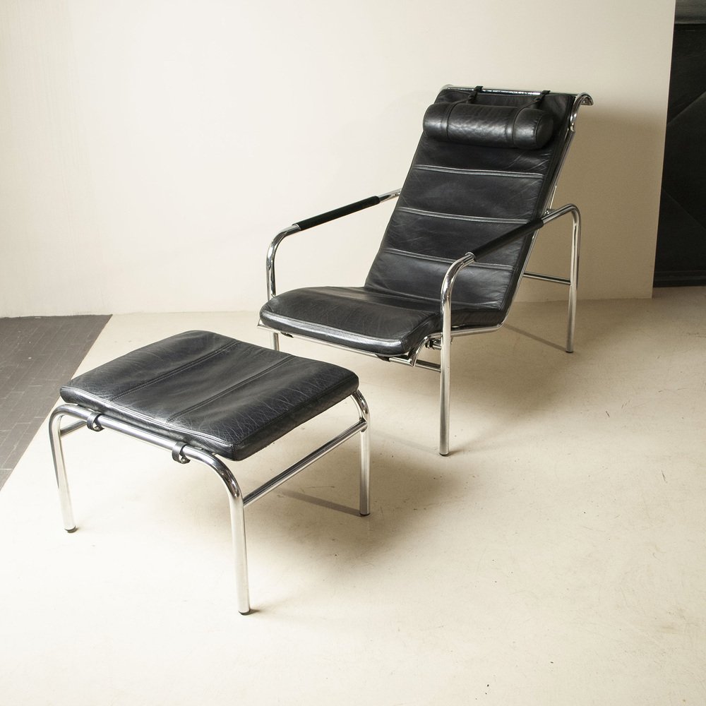Set of Leather and Chromed Steel Structure Model Genni Lounge Chair ...