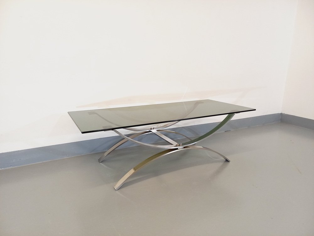 Vintage Coffee Table in Glass and Chromed Metal, 1970s for sale at Pamono