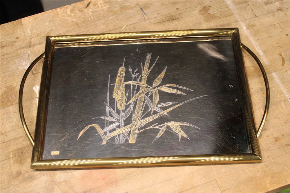 Brass Tray with Engravings, Italy, 1970s for sale at Pamono