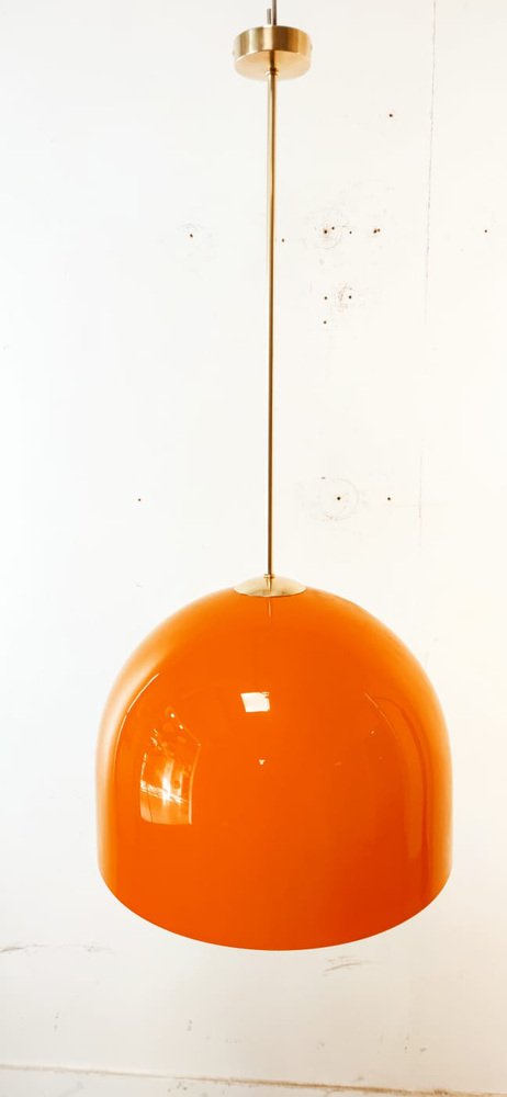 Orange Dome Ceiling Light with Brass Rod for sale at Pamono