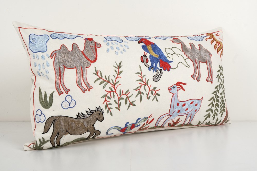 Uzbek Animal Pictorial Suzani Cushion Cover for sale at Pamono