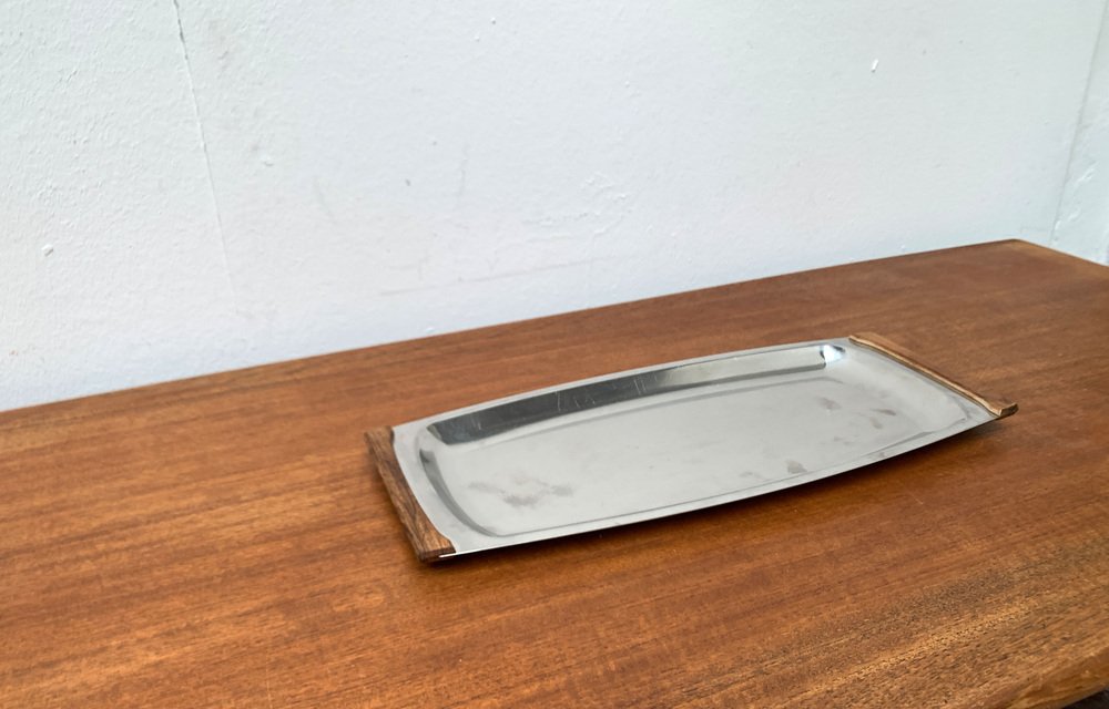 Mid-Century Danish Stainless Steel and Teak Tray from Lundtofte Denmark ...