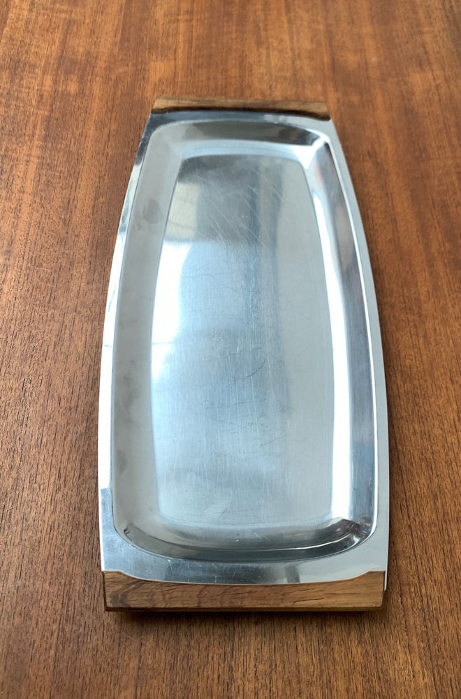 Mid-Century Danish Stainless Steel and Teak Tray from Lundtofte Denmark ...