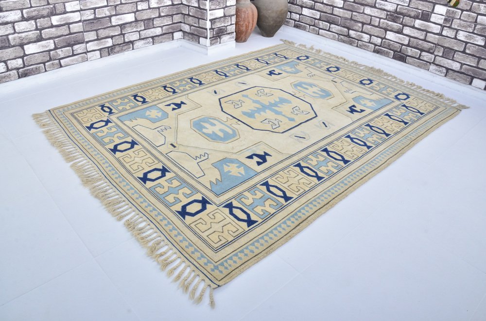 Turkish Modern Ecru & Blue Living Room Rug for sale at Pamono