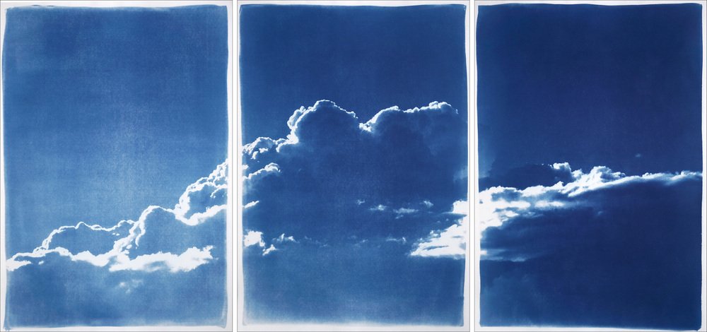 Kind of Cyan, Blue Tones Triptych of Serene Cloudy Sky, 2021, Cyanotype ...