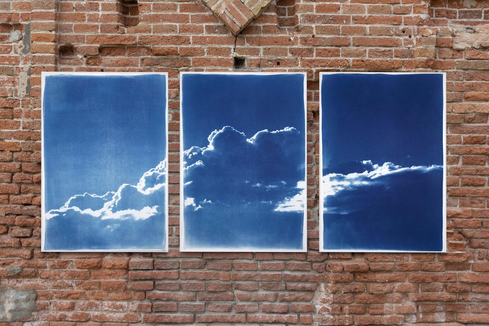 Kind of Cyan, Blue Tones Triptych of Serene Cloudy Sky, 2021, Cyanotype for sale at Pamono