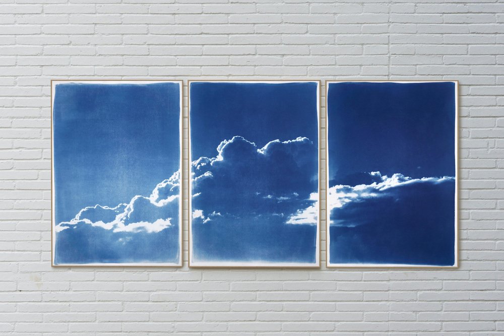 Kind of Cyan, Blue Tones Triptych of Serene Cloudy Sky, 2021, Cyanotype for sale at Pamono