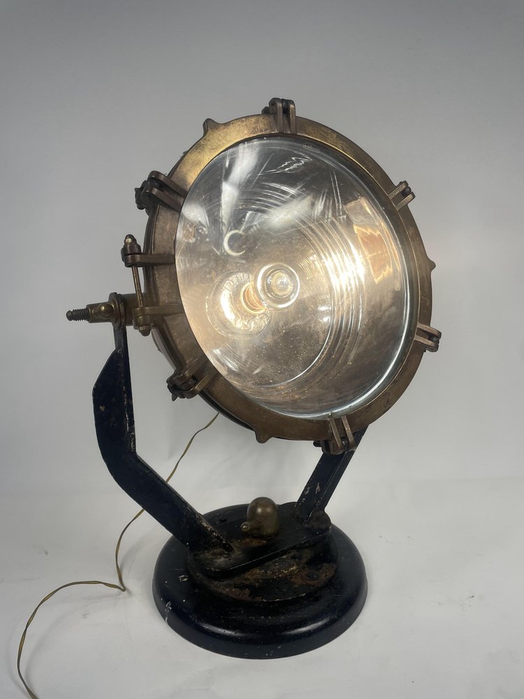 Naval Spotlight Table Lamp in Copper and Brass, 1940s for sale at Pamono