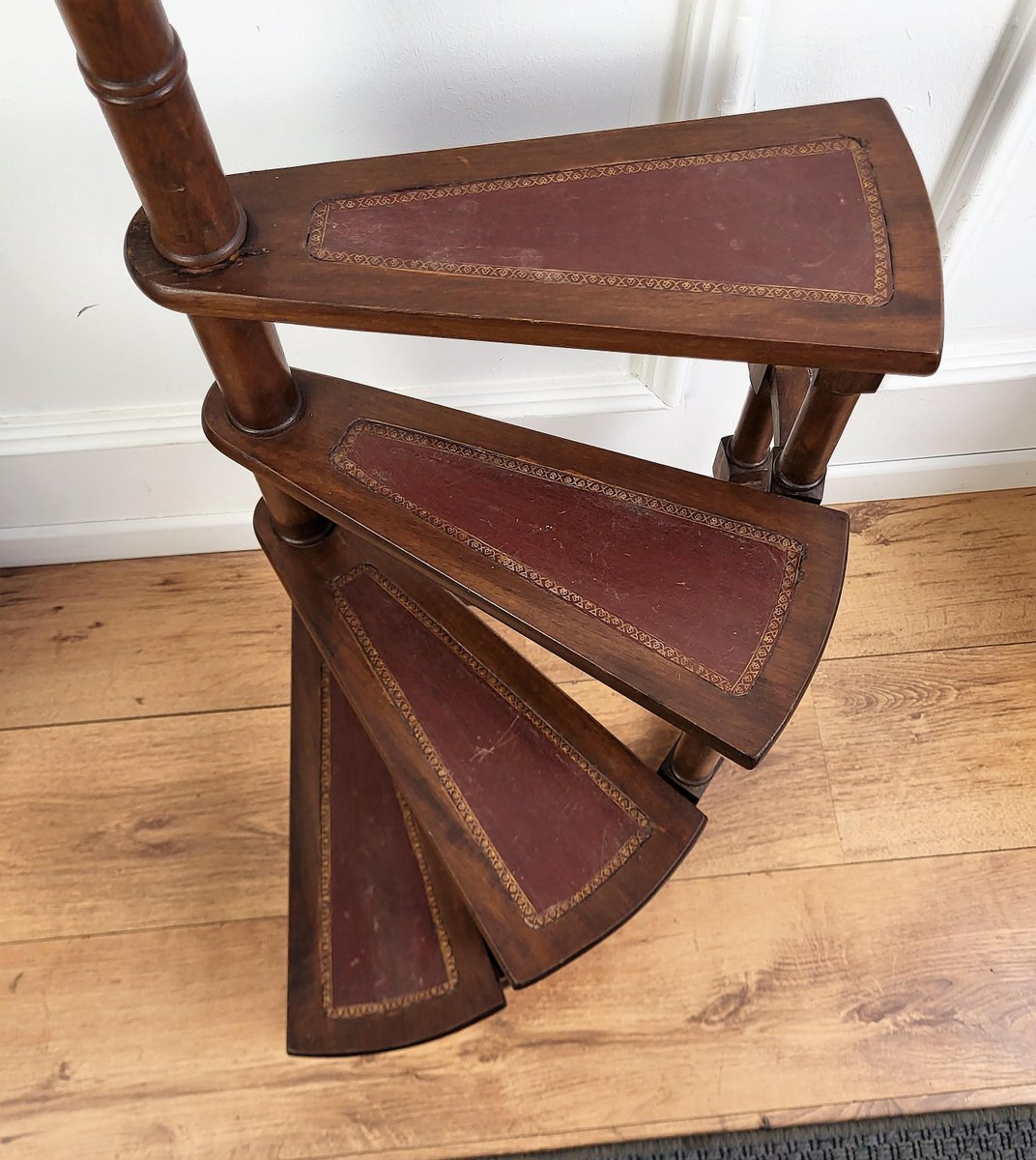 Mid-Century Italian Carved Walnut and Leather Spiral 4-Step Library ...