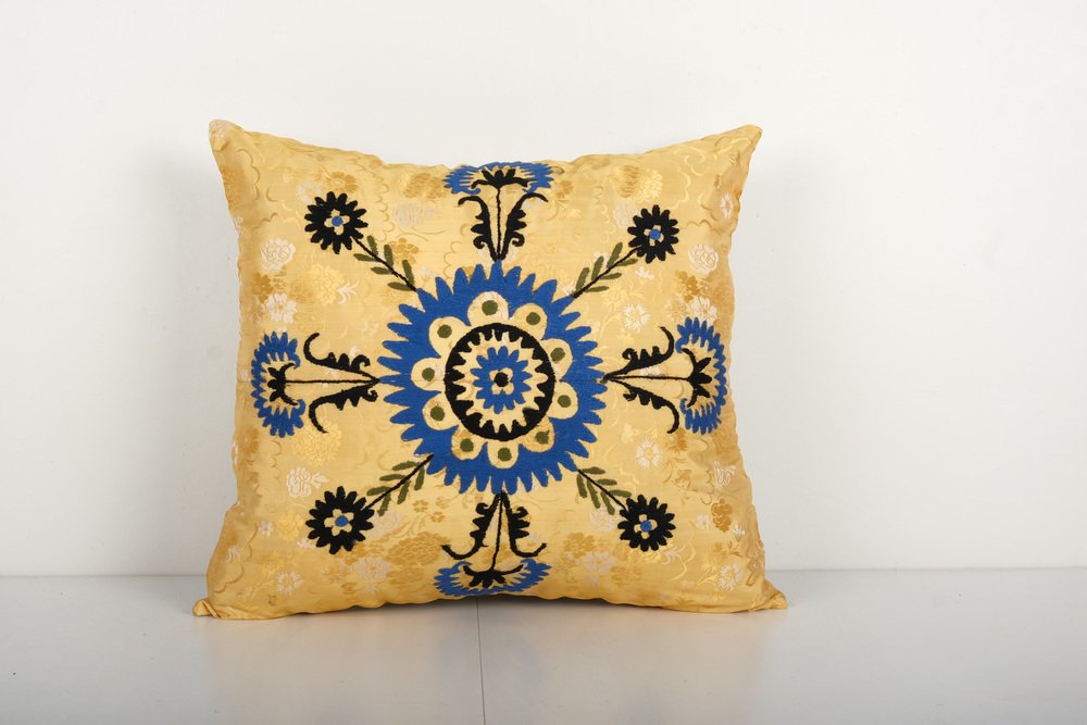 Yellow Suzani Cushion Cover with Floral Pattern, Uzbekistan, 2010s for ...