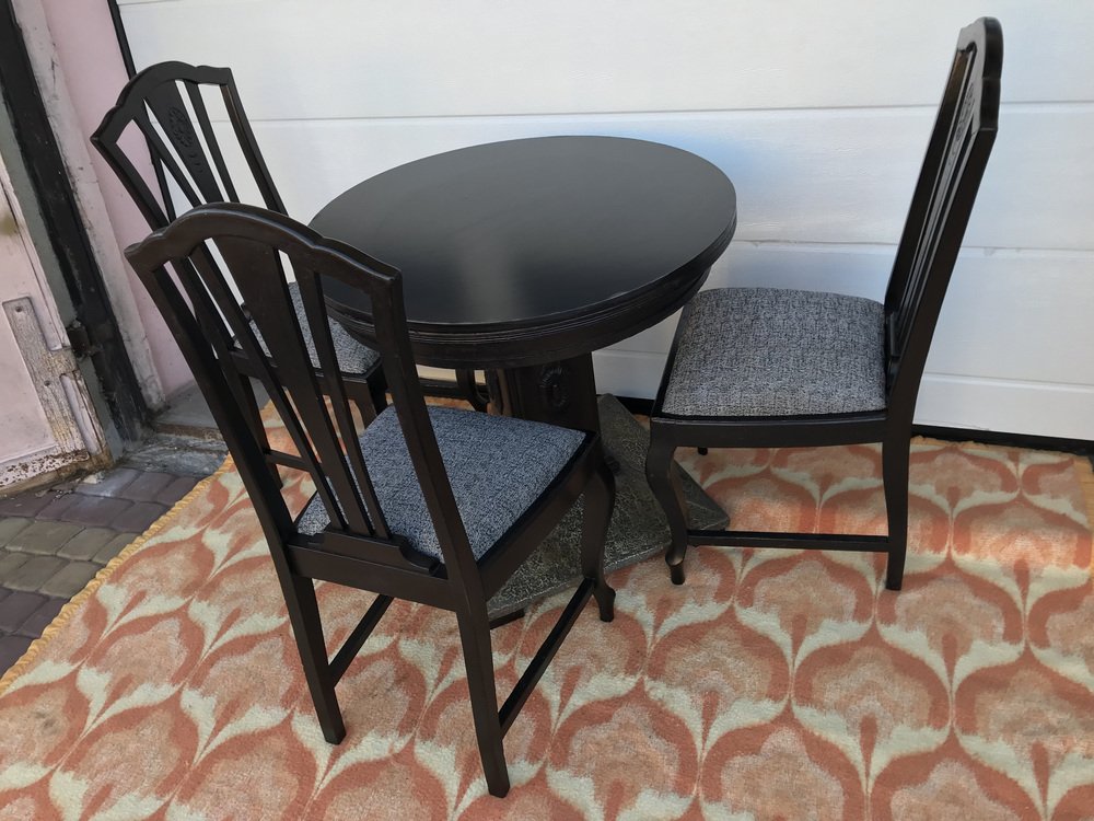Black Round Brass Embossed Sheet Table & Chairs, 1920s, Set of 4 for ...