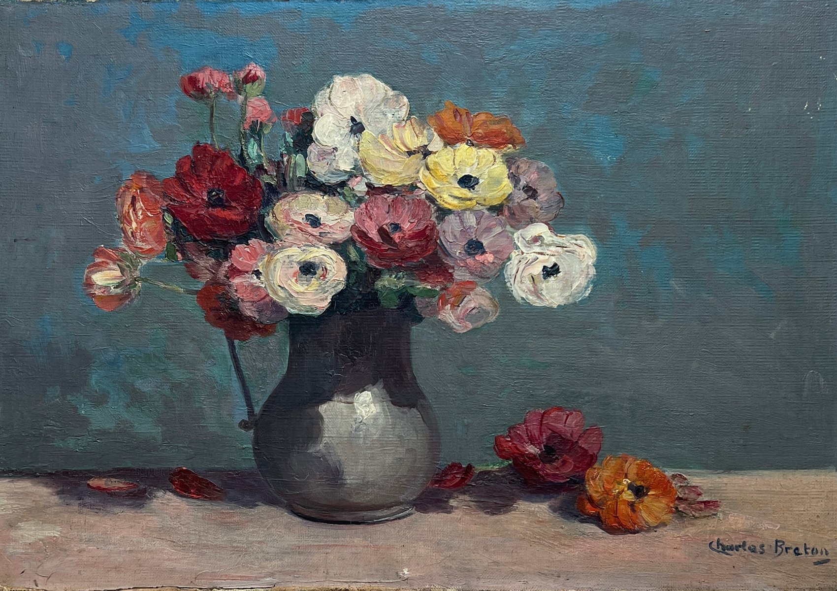 Charles Breton, Bouquet de fleurs au pichet, Öl auf Holz bei Pamono kaufen