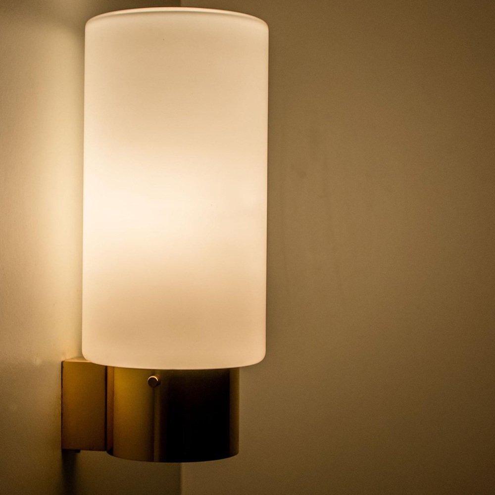 German Wall Lights in White Opaque Glass and Brass from Limburg, 1970s ...