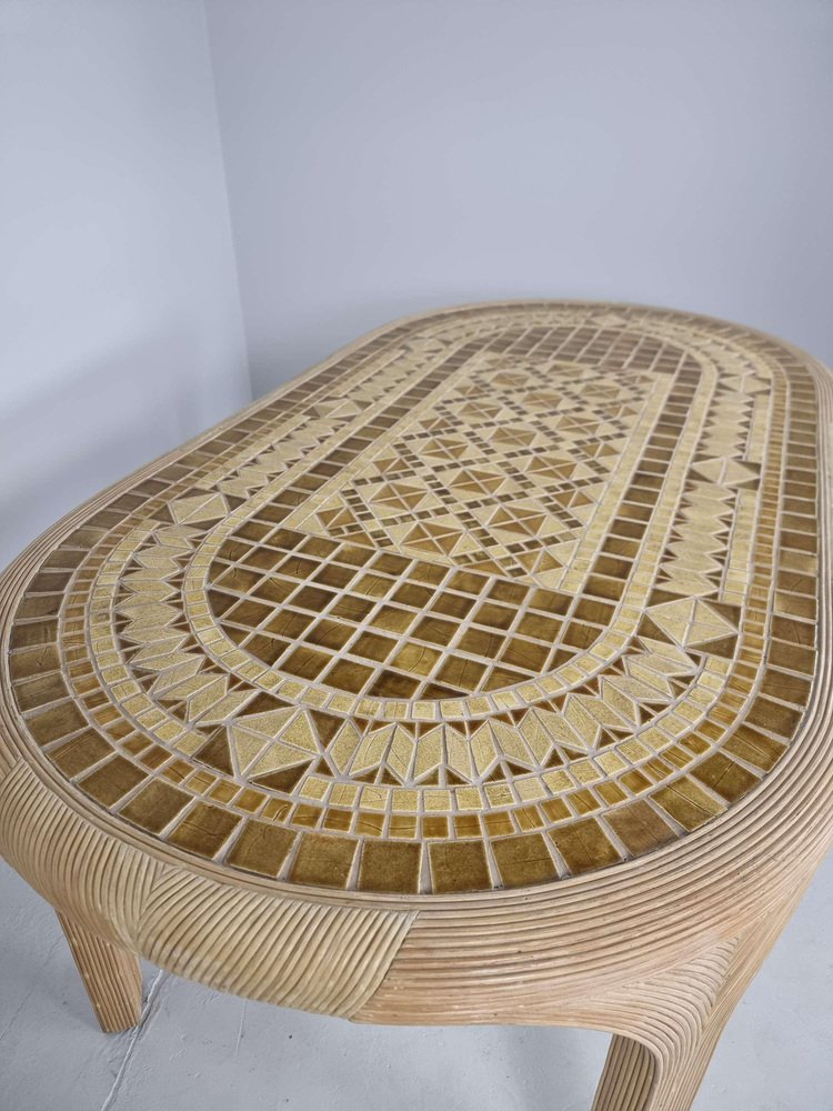 Rattan Reed Dining Table with Ceramic Inlay, 1980s for sale at Pamono