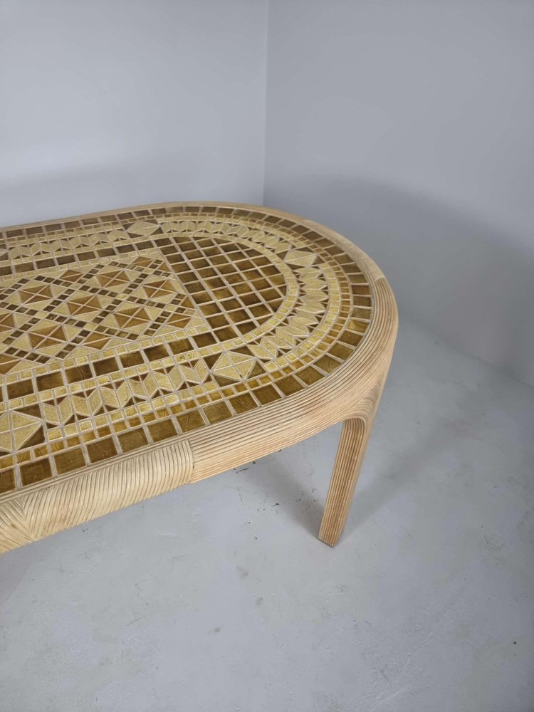 Rattan Reed Dining Table with Ceramic Inlay, 1980s for sale at Pamono