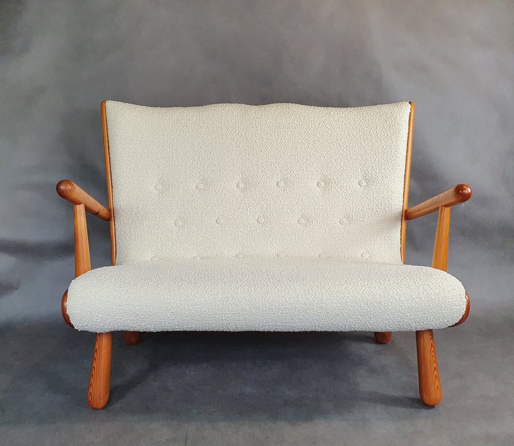 Mid-Century Scandinavian 2-Seater Setee in Wood and Bouclé Fabric in ...