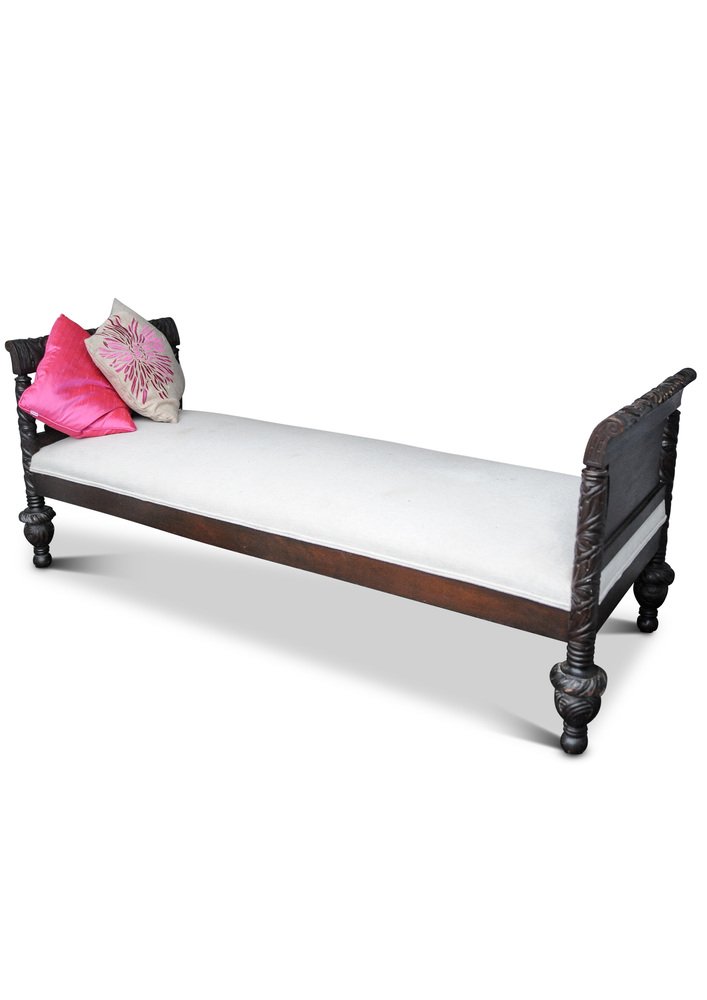 Victorian Colonial Eastern Hardwood Hand Carved Frame Daybed with Taupe ...