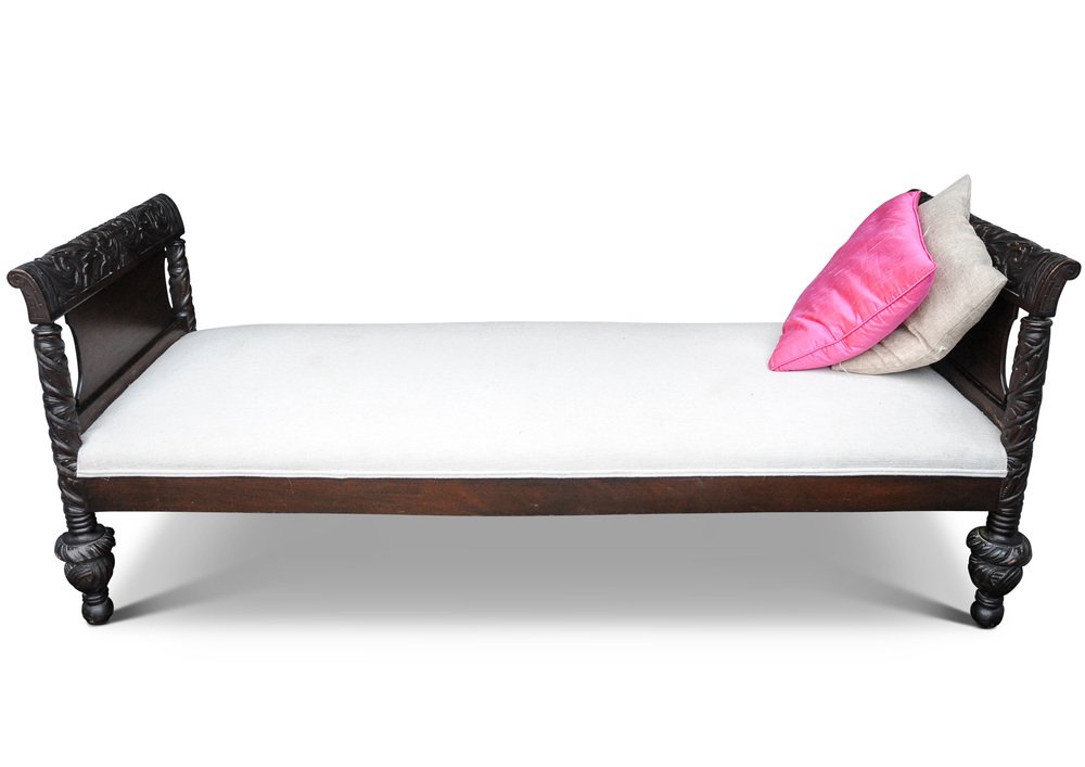 Victorian Colonial Eastern Hardwood Hand Carved Frame Daybed with Taupe ...