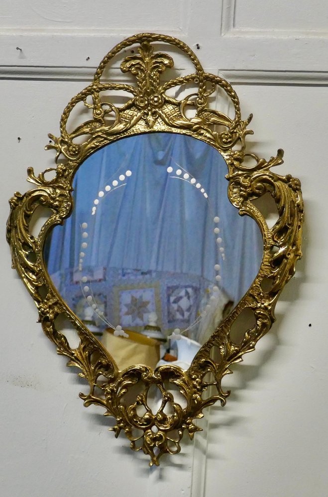 Brass Filigree Mirror with Etched Glass Pattern, 1960 for sale at Pamono