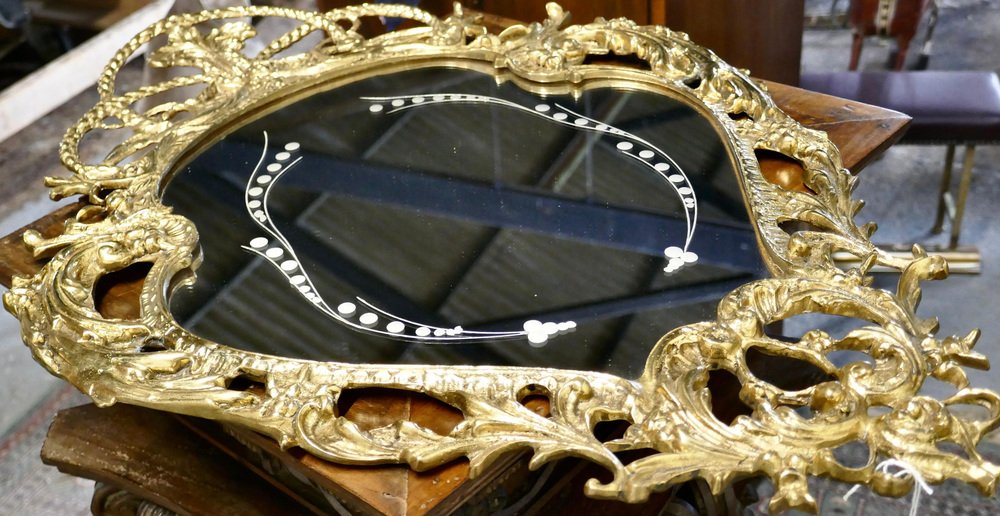 Brass Filigree Mirror with Etched Glass Pattern, 1960 for sale at Pamono
