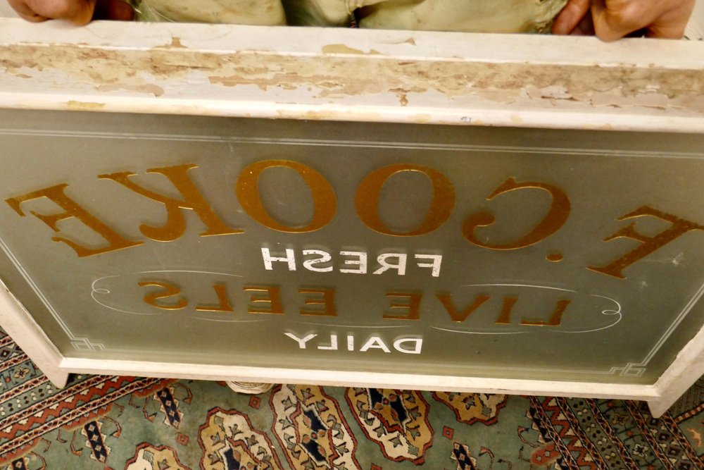Etched Glass Advertising Sign, 1930s for sale at Pamono