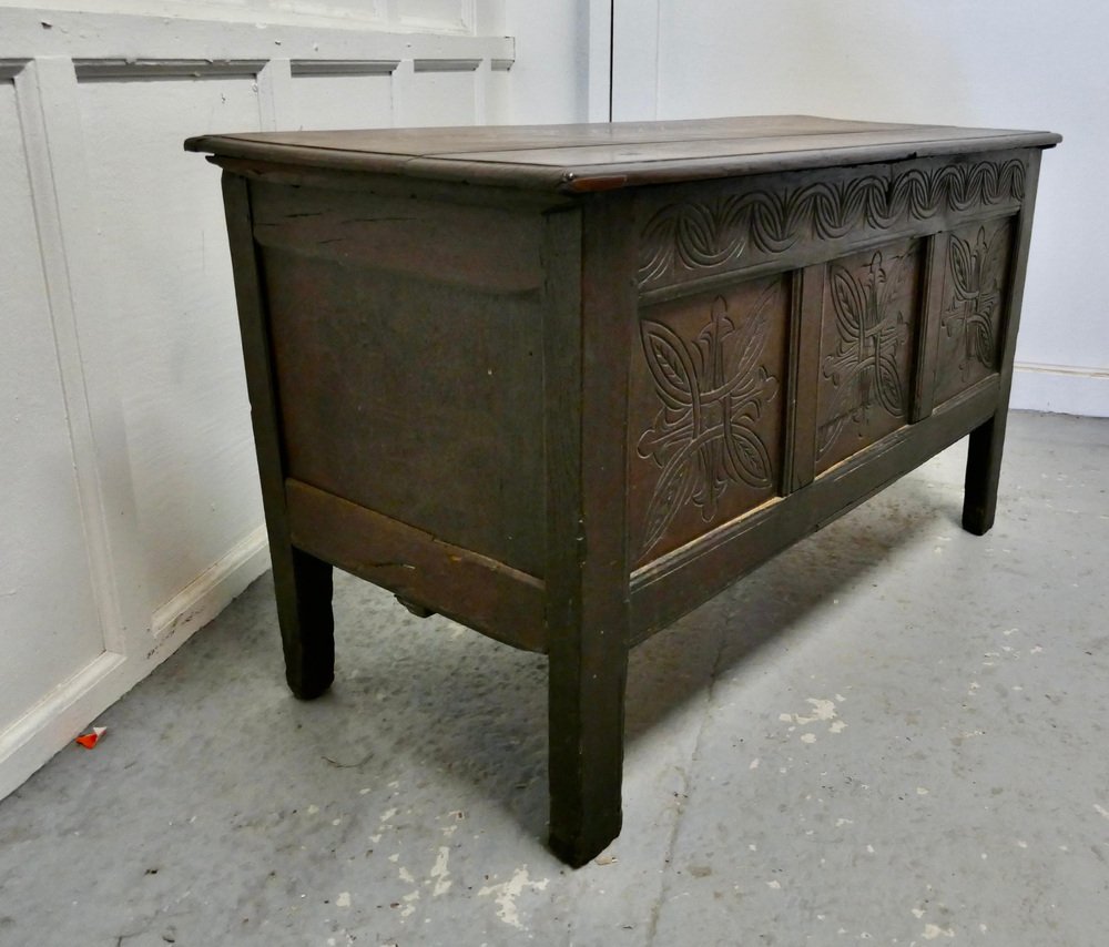 19th Century Carved Panelled Oak Coffer for sale at Pamono