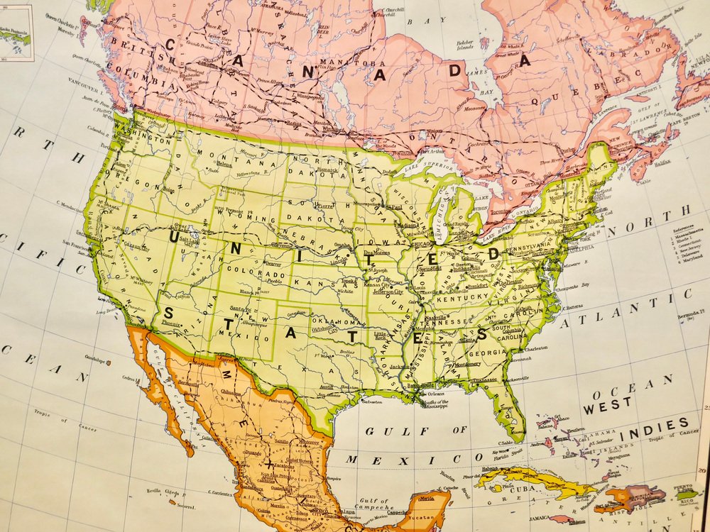 Large University Chart Political Map of North America by Bacon, 1920s ...