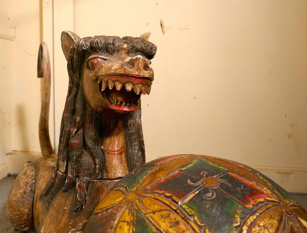 Large Carved Wooden Temple Lion, 1880 for sale at Pamono