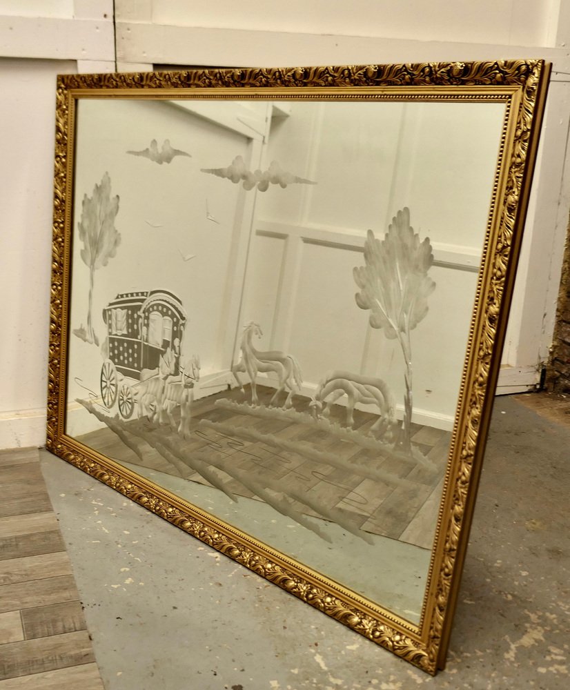 Folk Art Engraved Mirror with Horse Drawn Romany Caravan, 1960s for ...