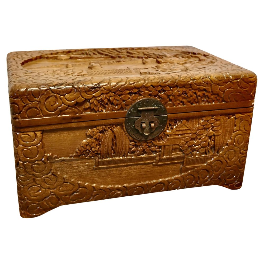 Oriental Carved Camphor Wood Chest, 1950s for sale at Pamono