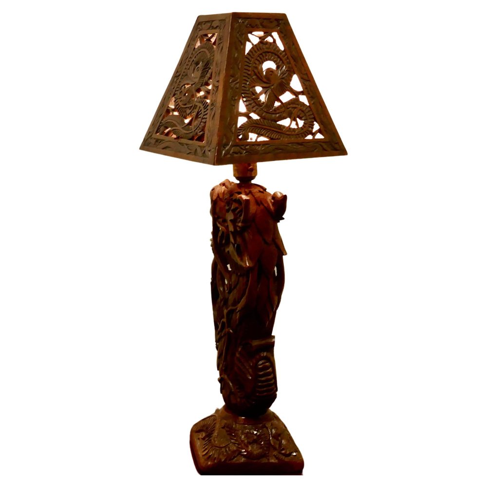 Oriental Folk Art Carved Teak Dragon Lamp, 1930s for sale at Pamono