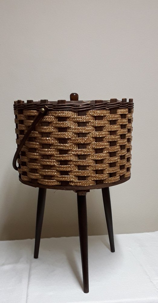 Vintage Sewing Basket in Beech with Sisal Mesh, 1970s for sale at Pamono