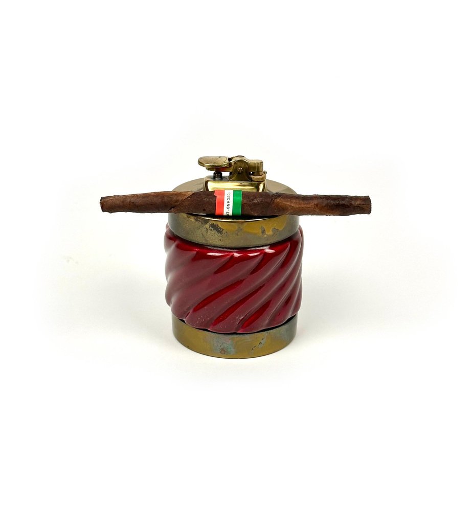 Italian Table Lighter in Bordeaux Ceramic and Brass by Tommaso Barbi ...