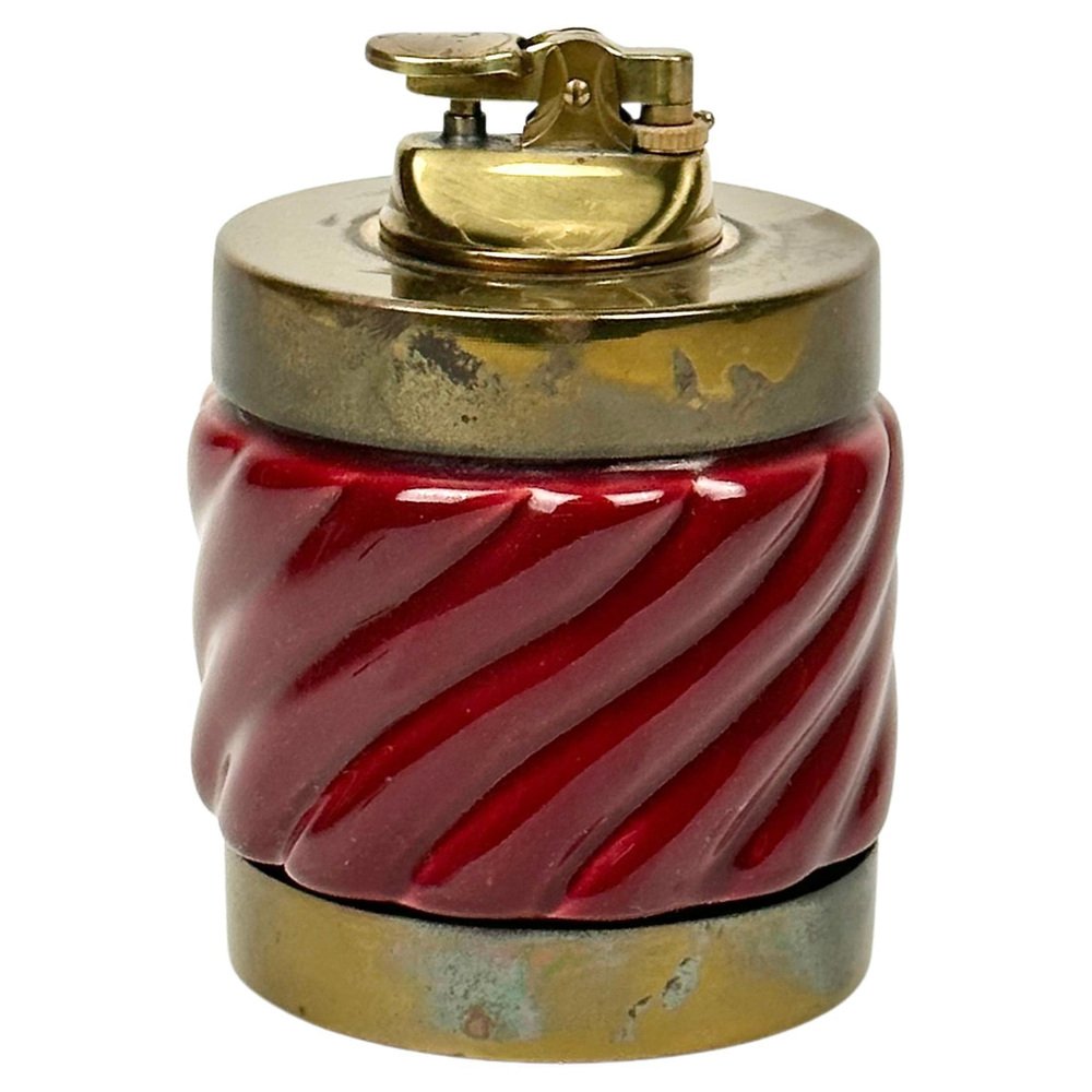 Italian Table Lighter in Bordeaux Ceramic and Brass by Tommaso Barbi ...