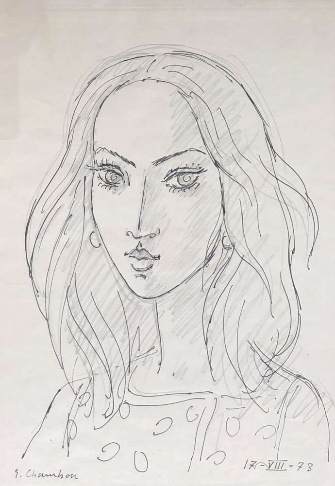 Emile-François Chambon, Portrait de jeune fille, 1973, Pencil on Paper ...