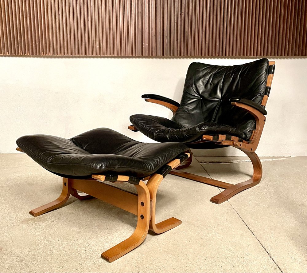 Set of Scandinavian Cantilever Leather Lounge Chair with Ottoman ...