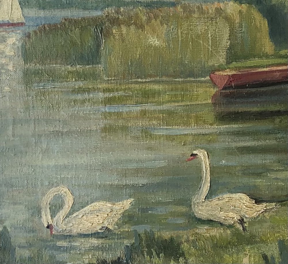 Jules Gaillepand, La baigneuse aux cygnes, Pointe à la Bise Genève, Oil ...