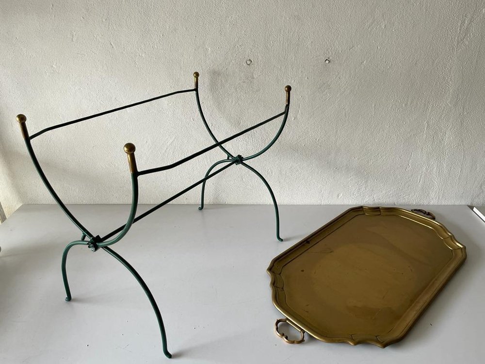 Mid-Century French Green Folding Body Table with Brass Tray, 1950s for ...