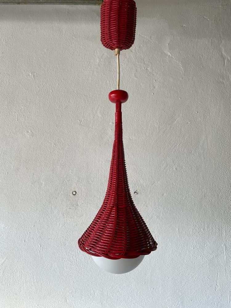 German Red Wicker and Glass Pendant Lamp, 1950s for sale at Pamono